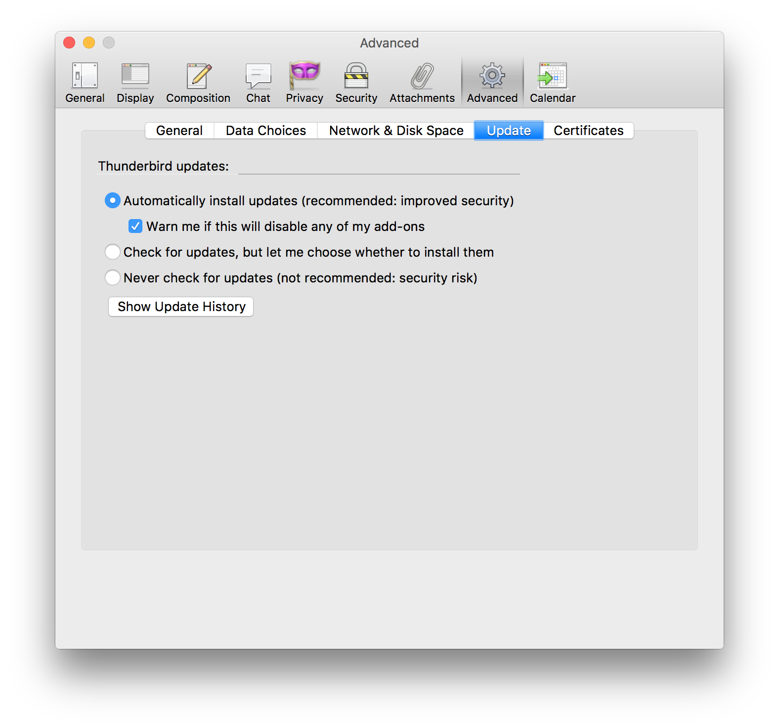 Advanced panel - System, network, updates, and other advanced settings ...