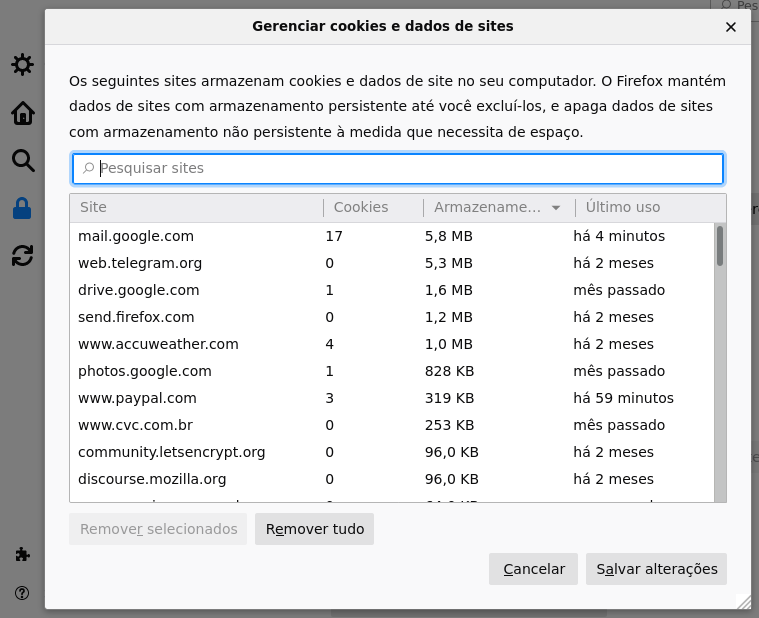 Gerencie configurações de armazenamento local de sites | Ajuda do Firefox