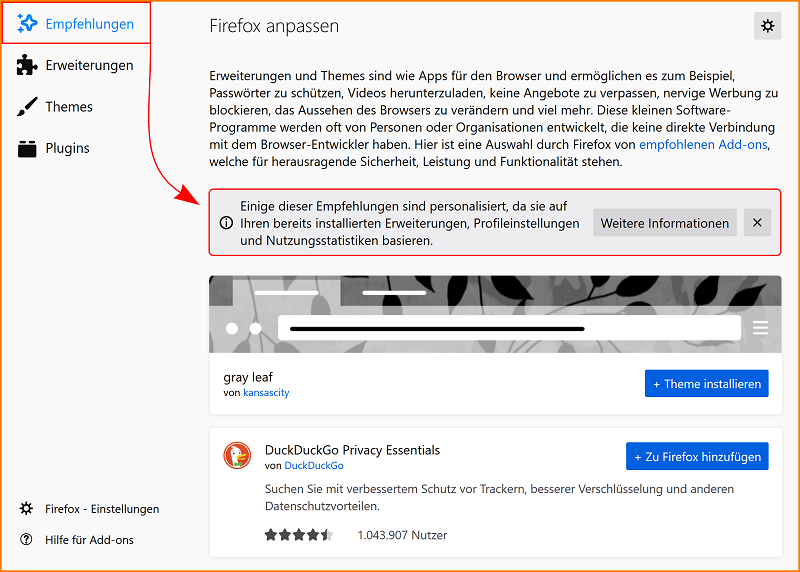 Empfehlungen für personalisierte Erweiterungen | Hilfe zu Firefox