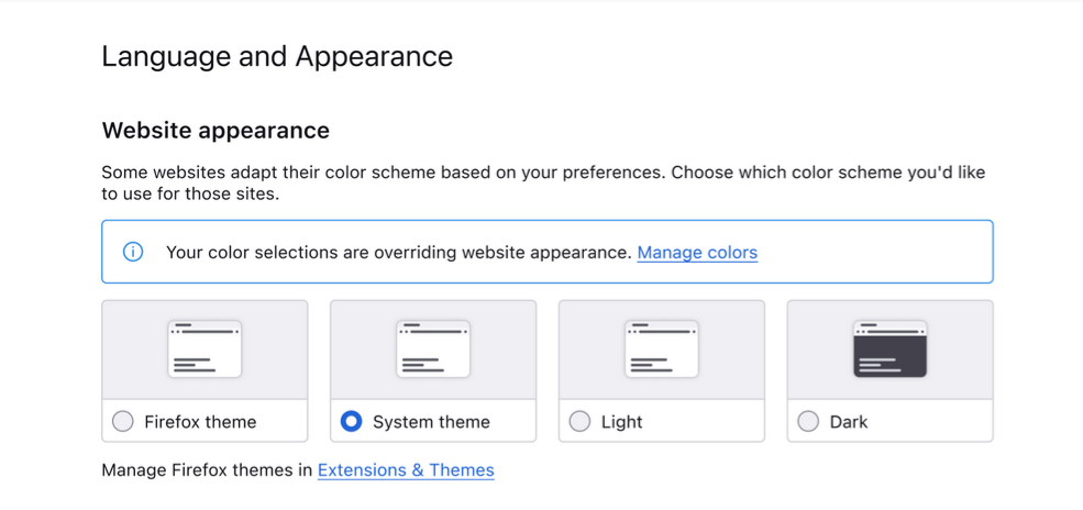 Change website appearance settings in Firefox | Firefox Help