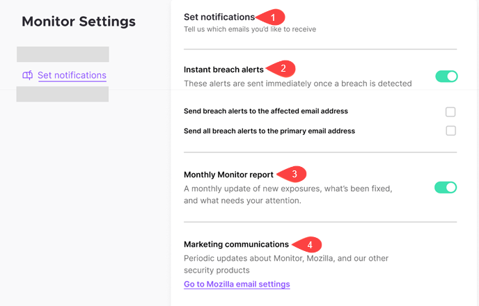 Manage your Monitor notifications | Supporto a Mozilla Monitor