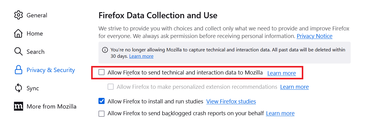 Manage Technical And Interaction Data Collection Settings In Firefox