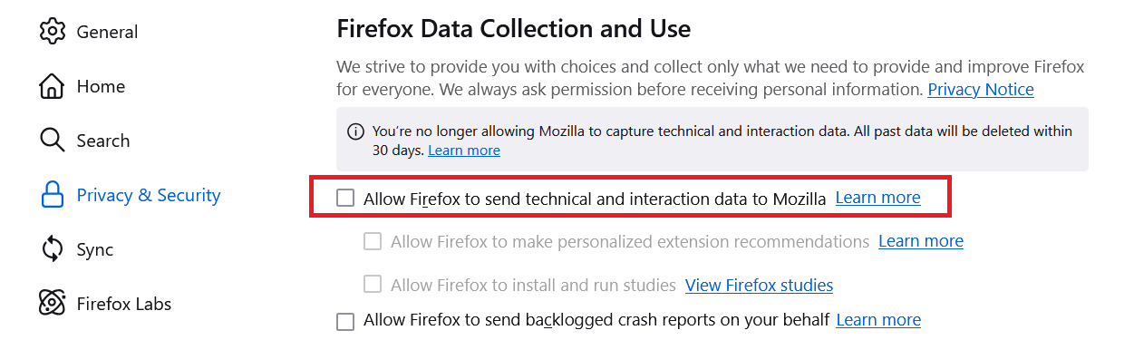 Manage technical and interaction data collection settings in Firefox ...
