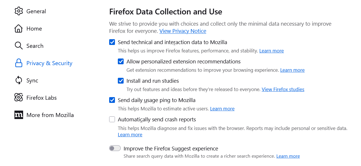 Manage Firefox data collection and privacy settings | Firefox Help
