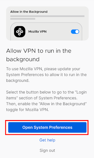 Allow Mozilla VPN to run in the background on macOS | Mozilla VPN Help