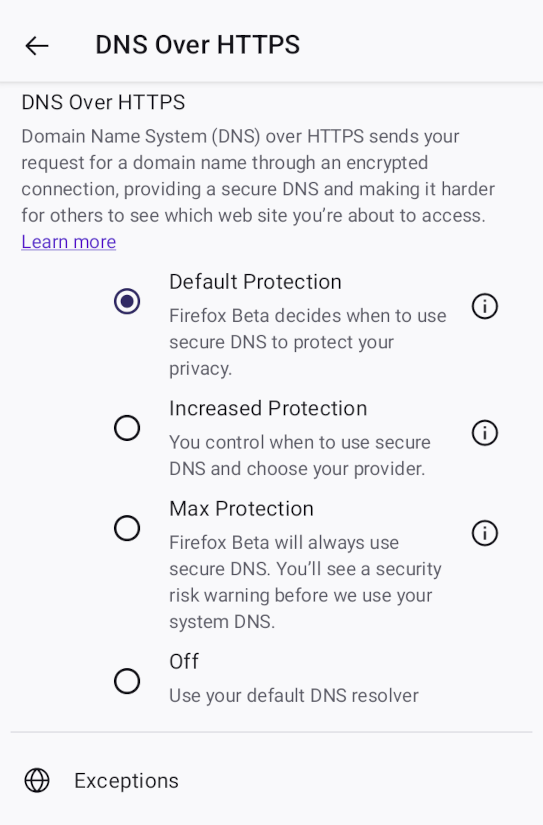 Configure DNS over HTTPS protection levels in Firefox for Android | Firefox for Android Help