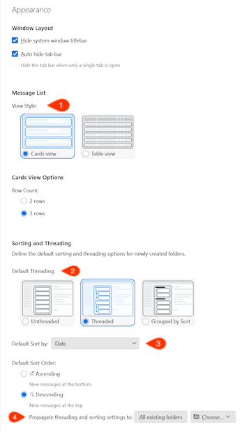 Appearance Panel - Layout, Message List, Card View, Table View, Sorting ...