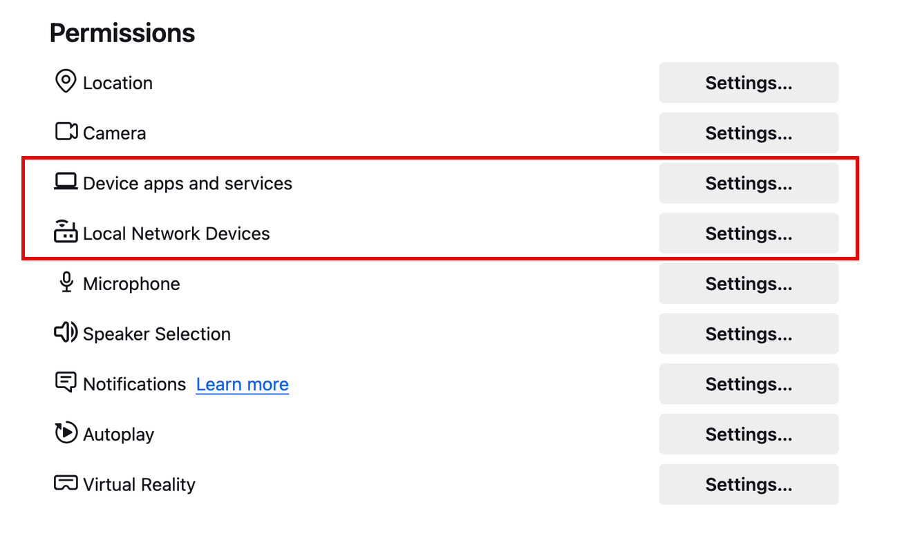 Control personal device and local network permissions in Firefox | Справка Firefox