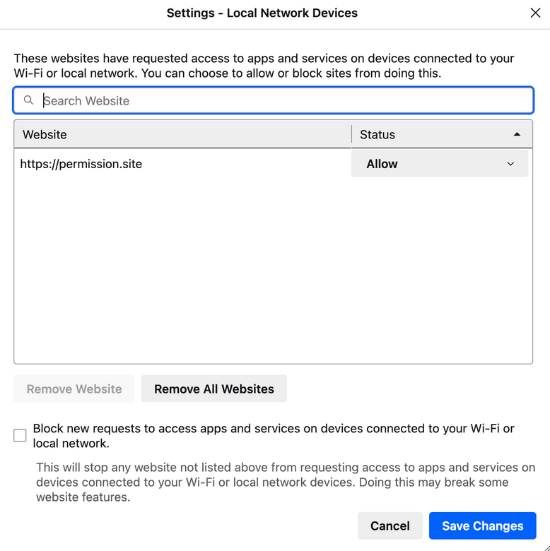 Control personal device and local network permissions in Firefox | Trợ giúp về Firefox