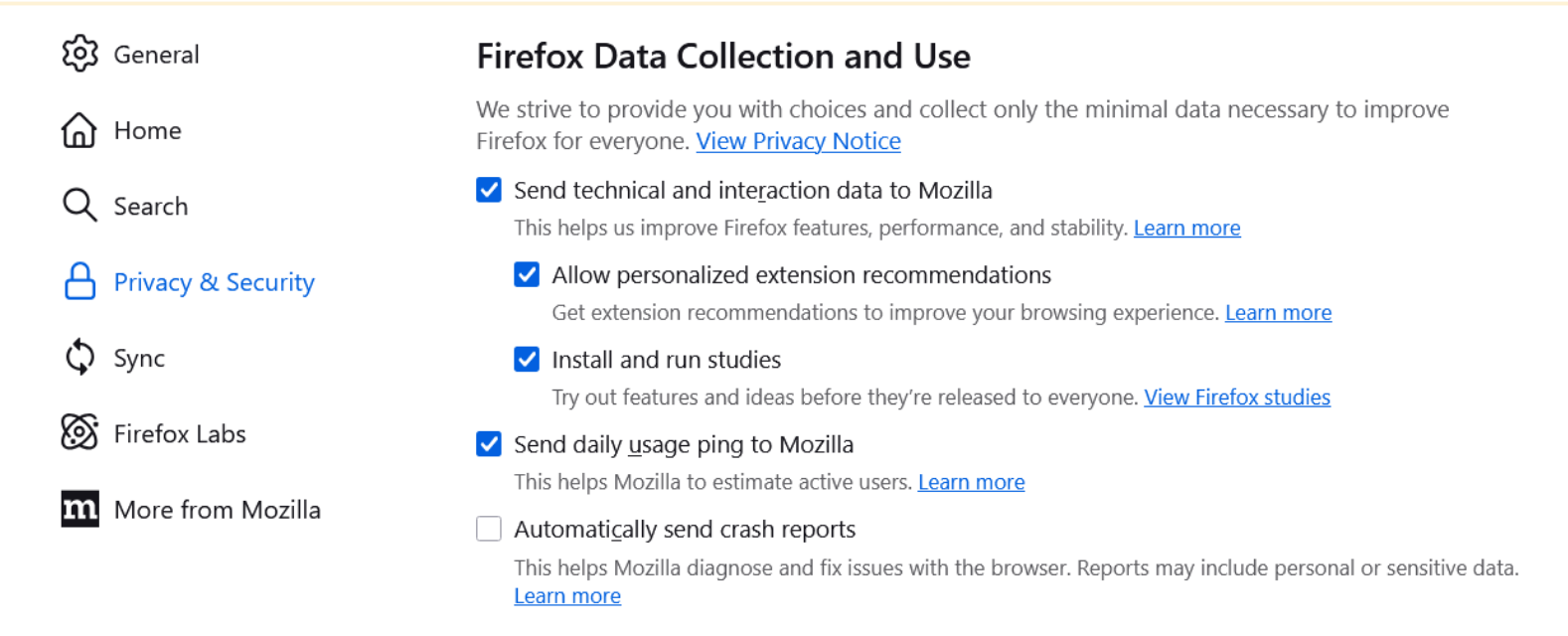 Manage Firefox data collection and privacy settings | Firefox Help