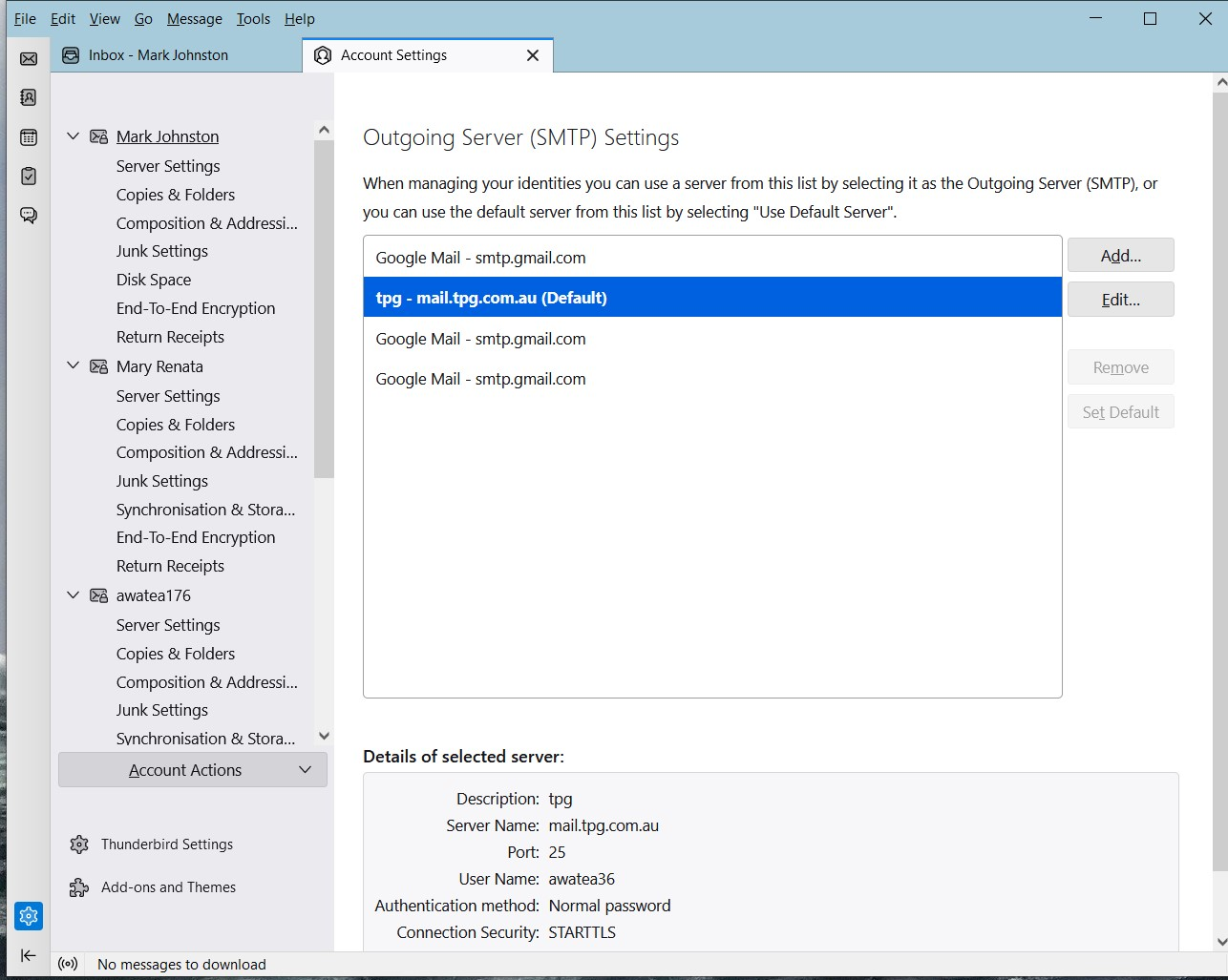 Unable to send Emails from mulitple accounts | Thunderbird Support Forum | Mozilla Support